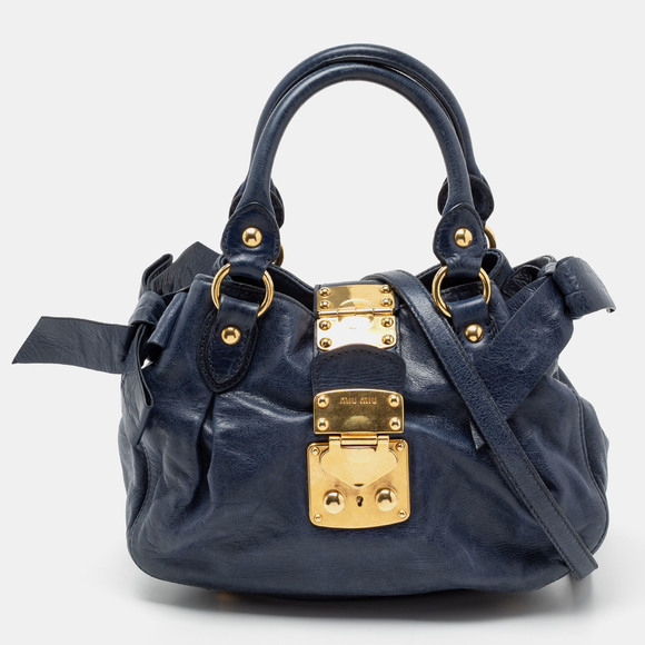 Miu Miu | Bags | Miu Miu Navy Blue Distressed Leather Bow Satchel ...